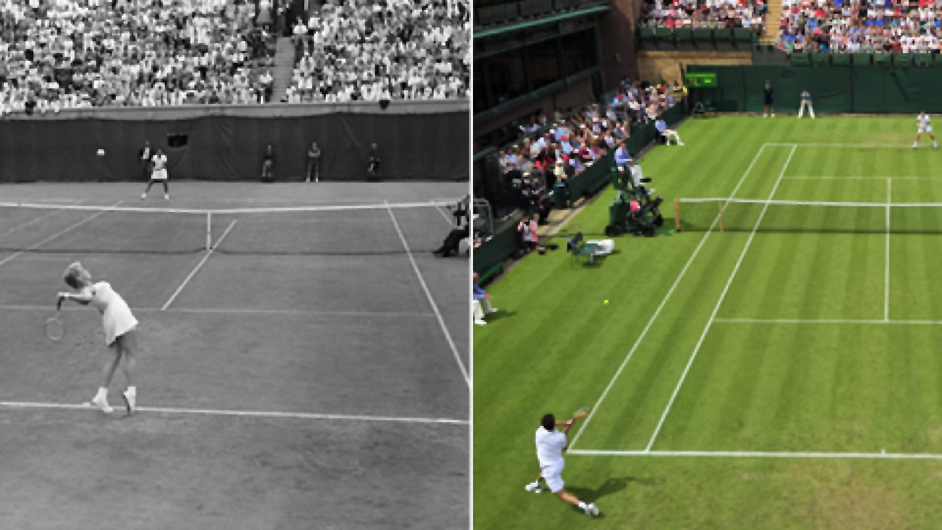 Darlene Hard îi servește lui Althea Gibson în timpul turneului de simplu feminin din 1958 (stânga); Paul-Henri Mathieu și Gilles Simon în prima zi a turneului de tenis de la Wimbledon Championships 2012 (dreapta).