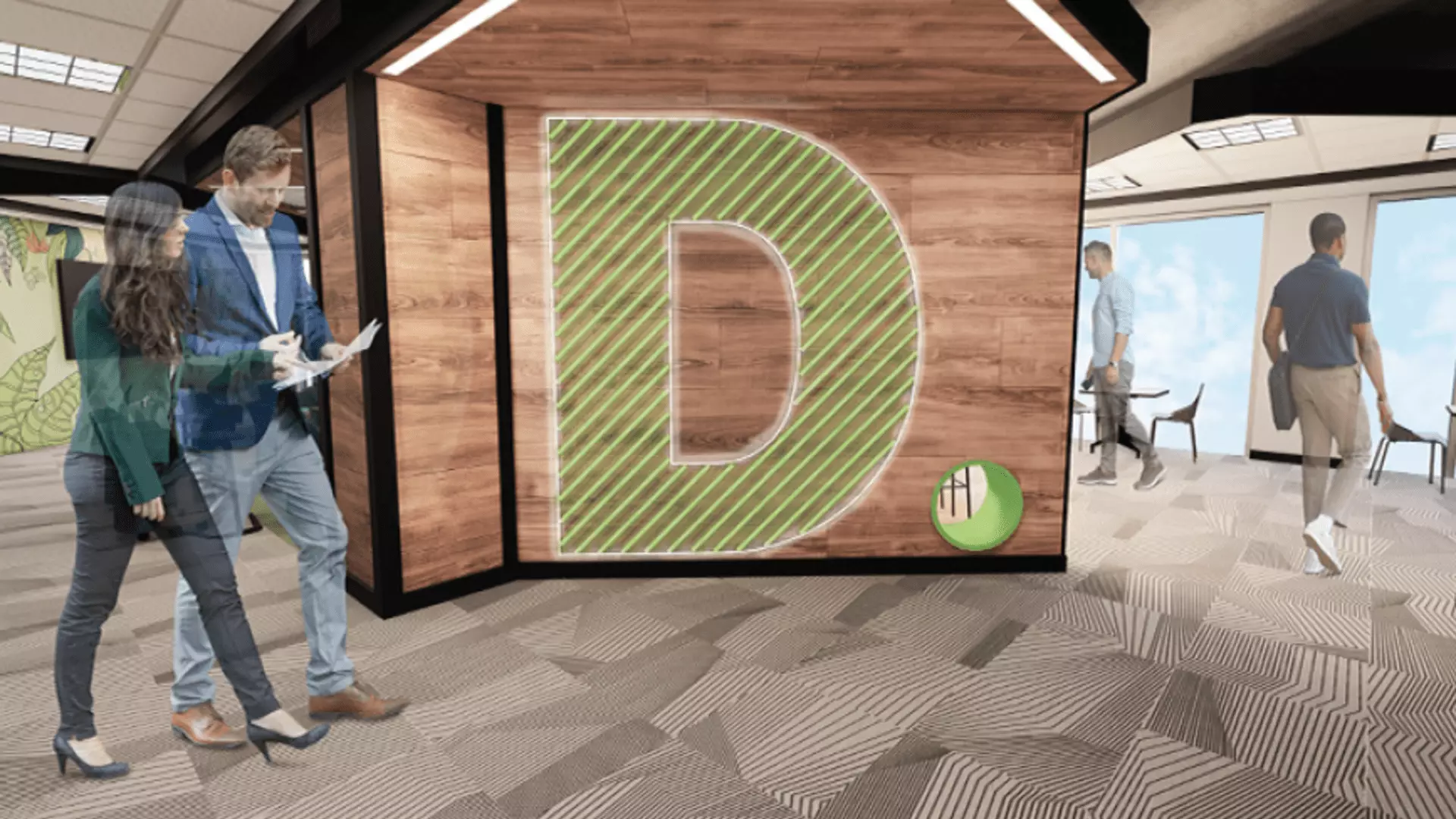 Rendering desain tembok sambutan Deloitte, dikembangake kanthi kemitraan karo SCADpro kanggo studio virtual Deloitte Digital, saiki lagi dikembangake