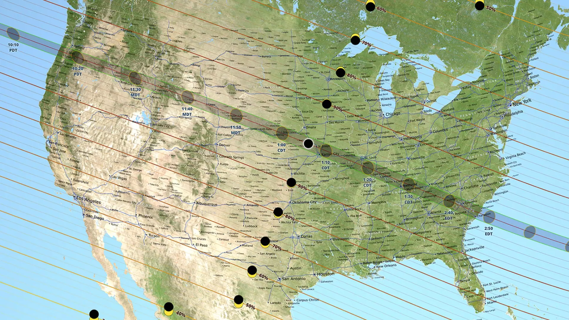 Map nke United States na-egosi ụzọ nke mkpokọta maka August 21, 2017 mkpokọta anyanwụ n'ehihie.