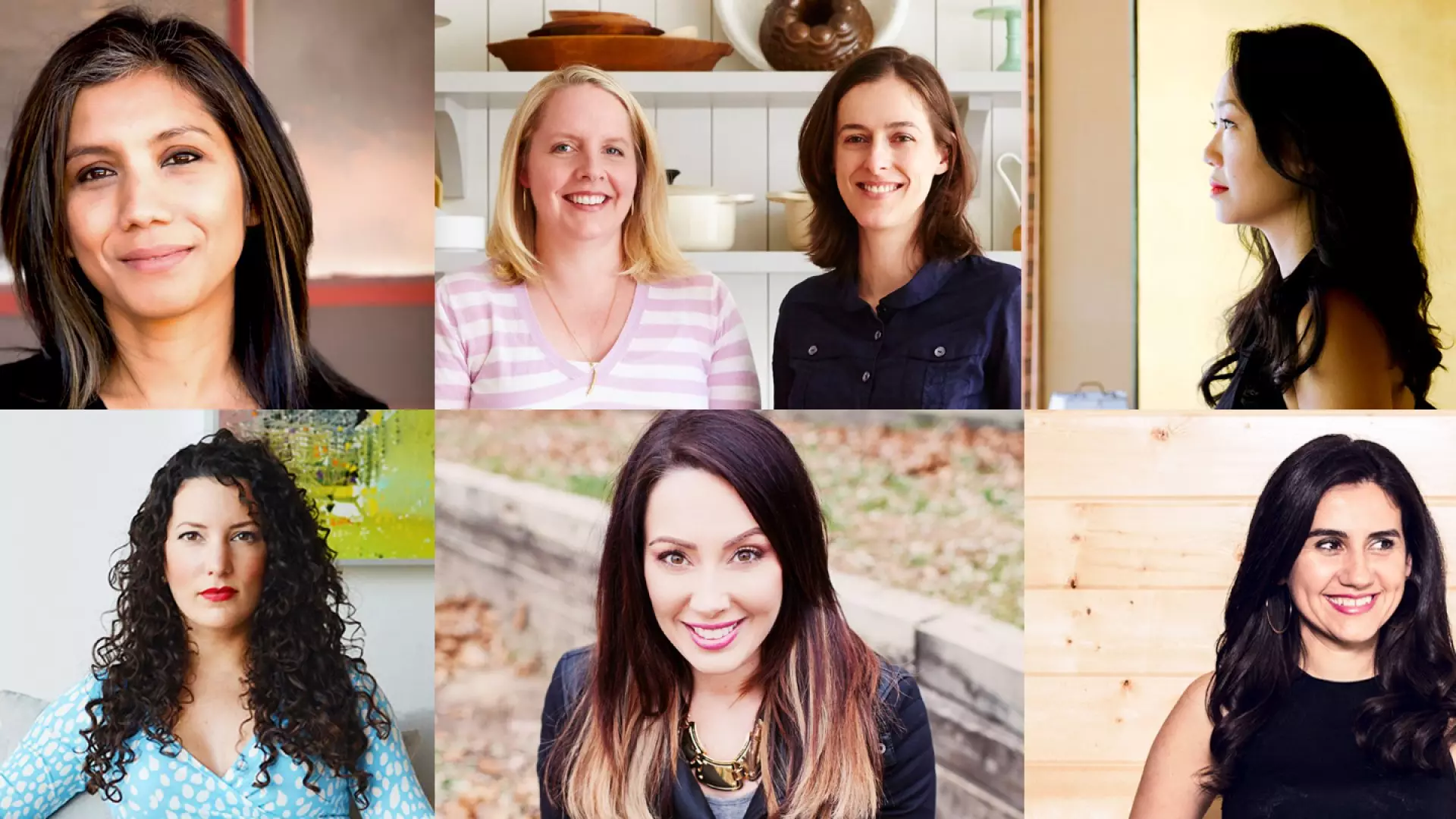 Sol üstten saat yönünde: Sarah Wallace (The Good Bean), Merrill Stubbs ve Amanda Hesser (Food52), Victoria Tsai (Tatcha), Shabnam Mogharabi (SoulPancake), Marlena Stell (Makyaj Geek) ve Sarah Carson (Leota).